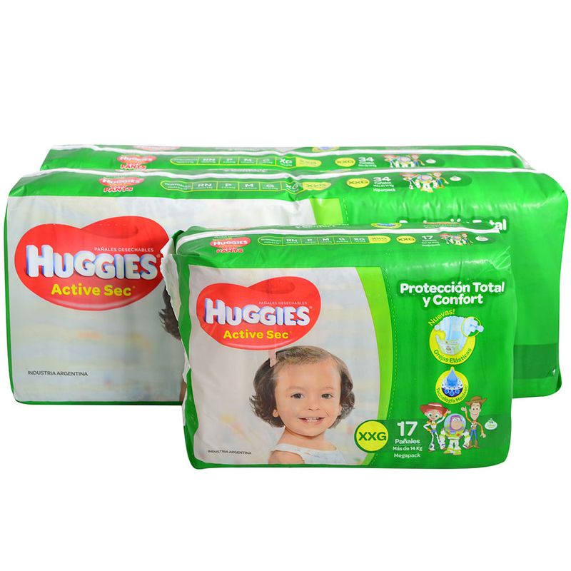 Pack Huggies active sec hiper + mini XXG 85 un. - Disco