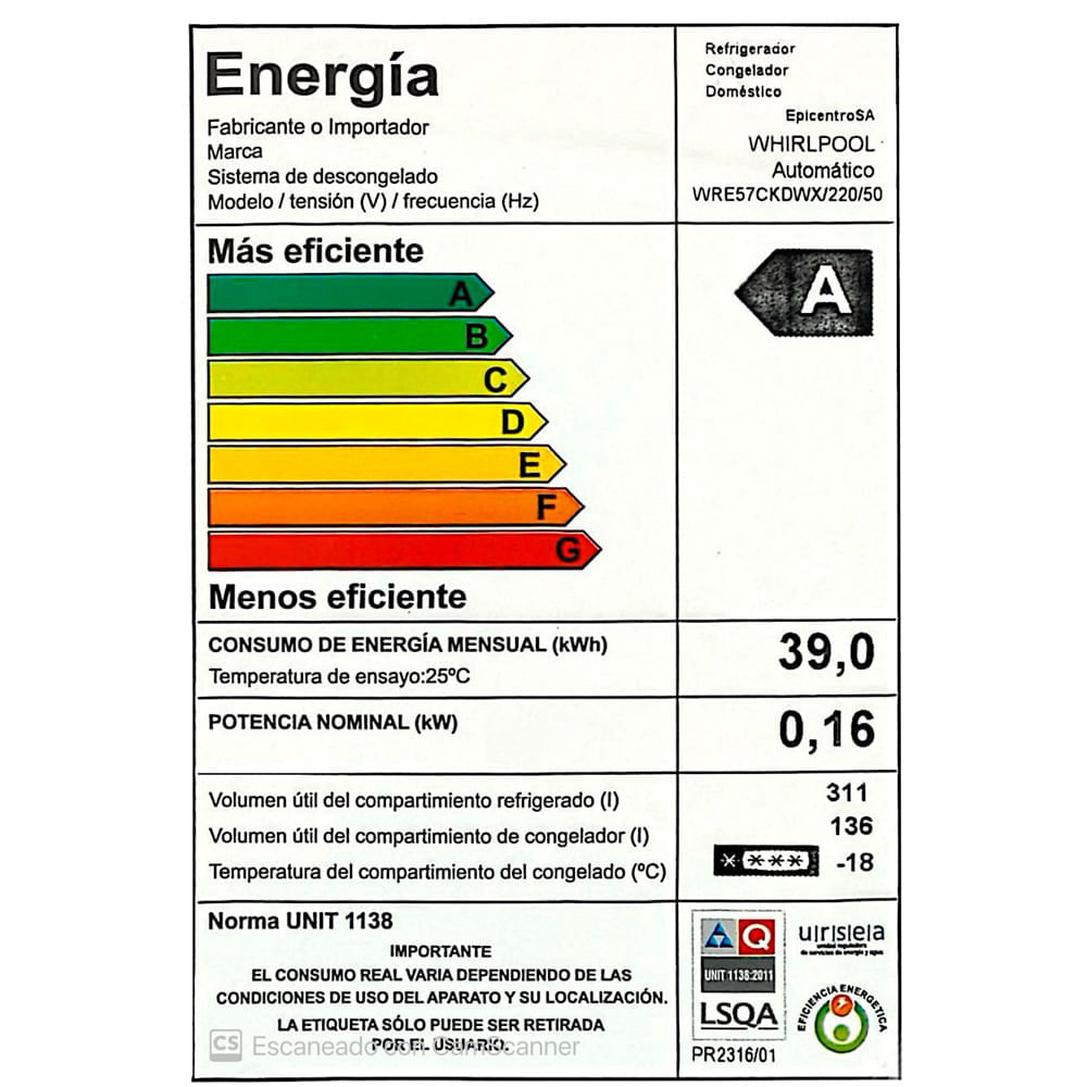 Heladera Whirpool Mod. WRE57CKDIM Frezzer Inf Inver - Disco